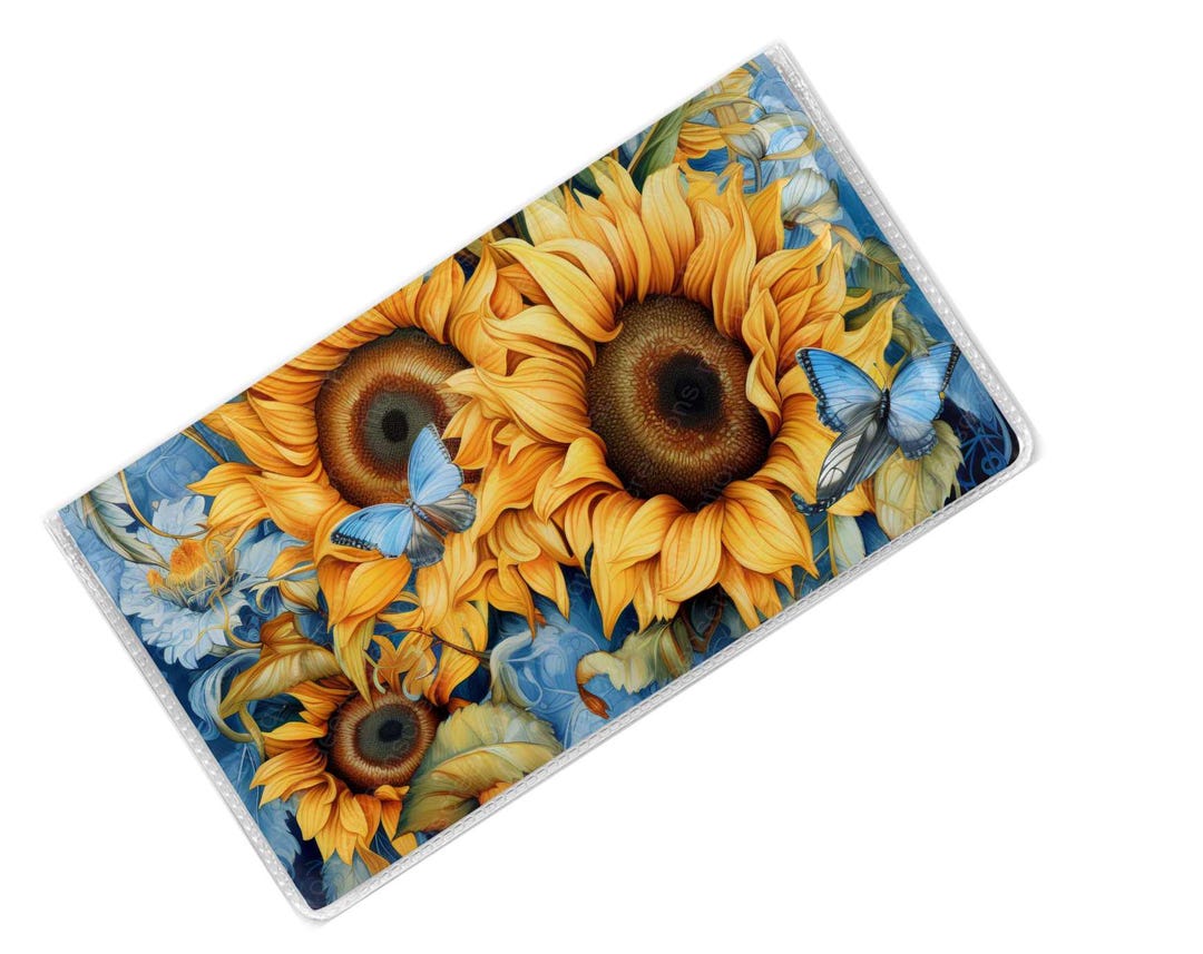 Checkbook Cover Blue Butterflies With Sunflowers Checkbook Cover Floral ...