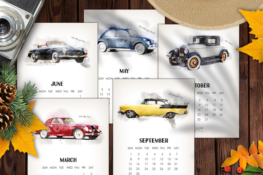 Vintage Car. Desk Calendar. 2024 Calendar. Old Car Calendar. Classic ...
