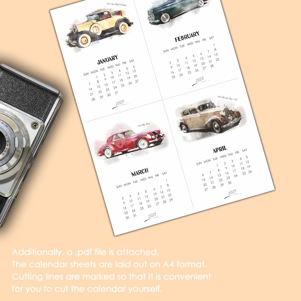 Vintage Old Car Printable Calendar 2025 - Retro Automotive A6 Monthly ...