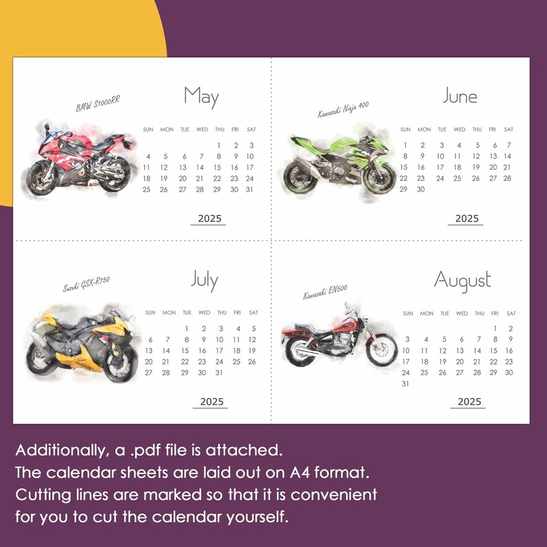 Motorcycle Printable Calendar 2025 - Motorbike A6 Monthly Planner ...