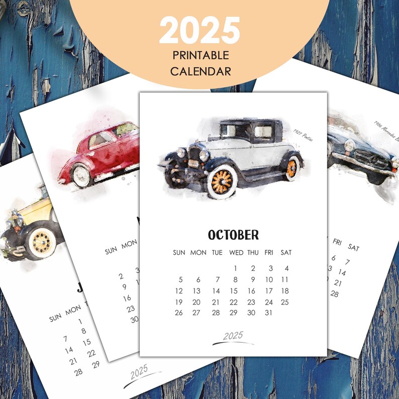 Vintage Old Car Printable Calendar 2025 - Retro Automotive A6 Monthly ...