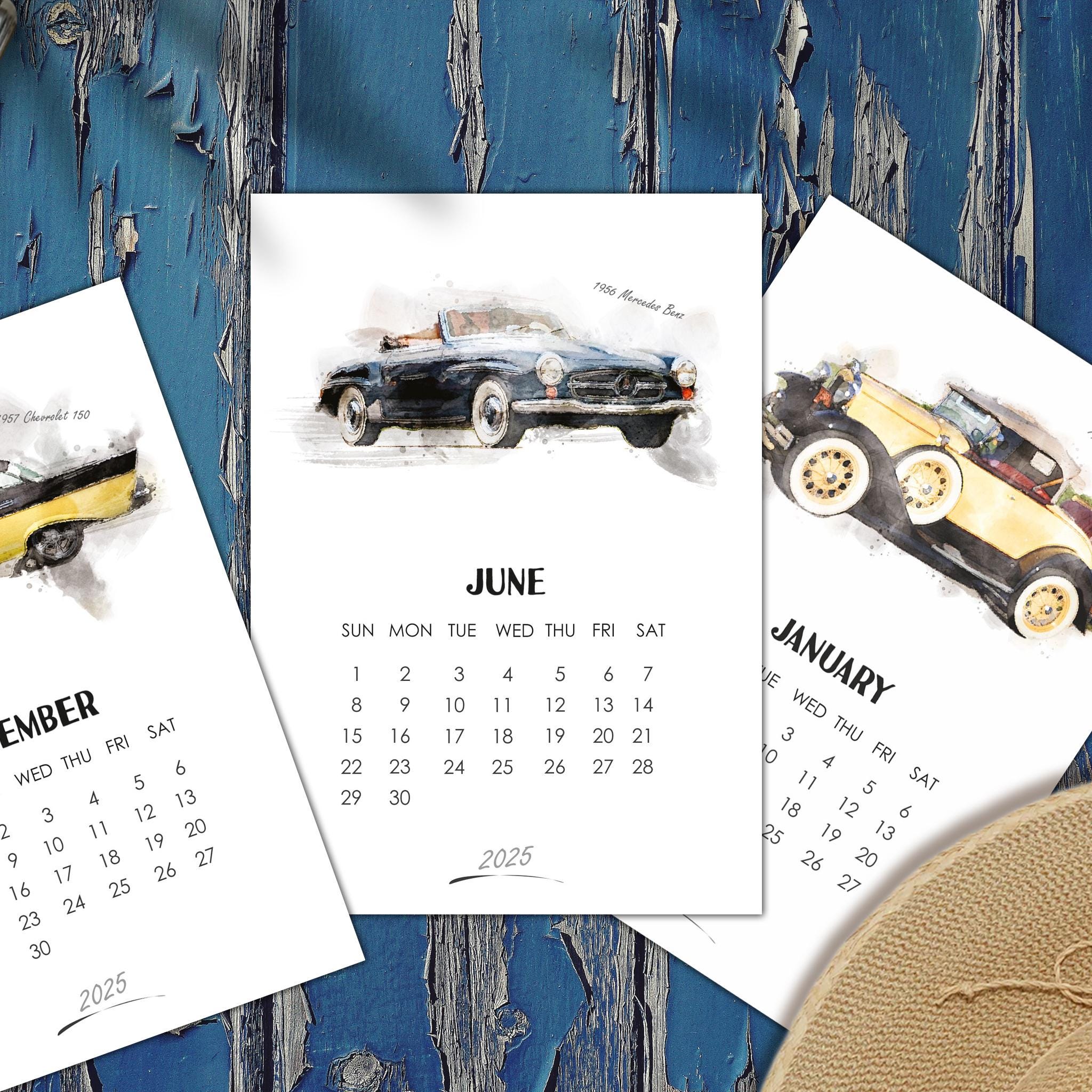 Vintage Old Car Printable Calendar 2025 - Retro Automotive A6 Monthly ...
