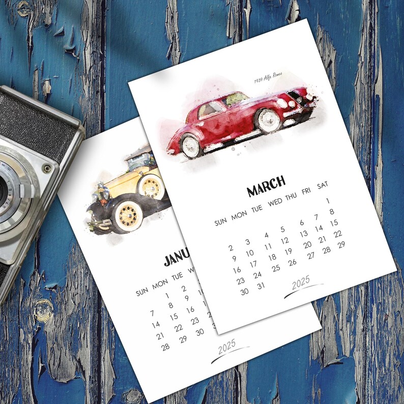 Vintage Old Car Printable Calendar 2025 - Retro Automotive A6 Monthly ...