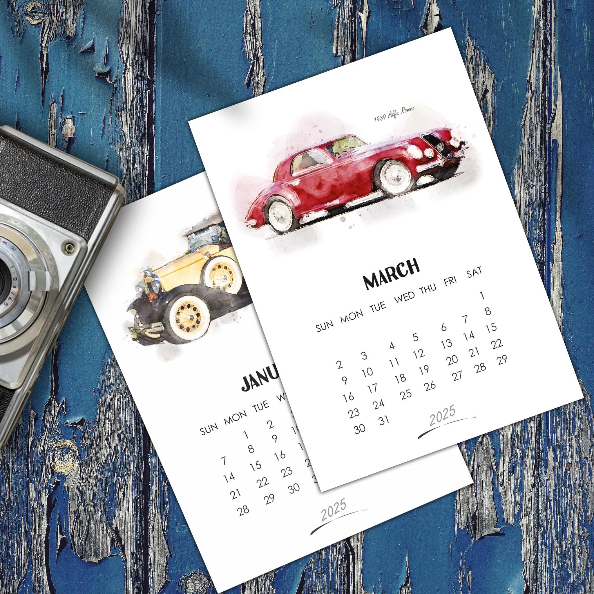 Vintage Old Car Printable Calendar 2025 - Retro Automotive A6 Monthly ...