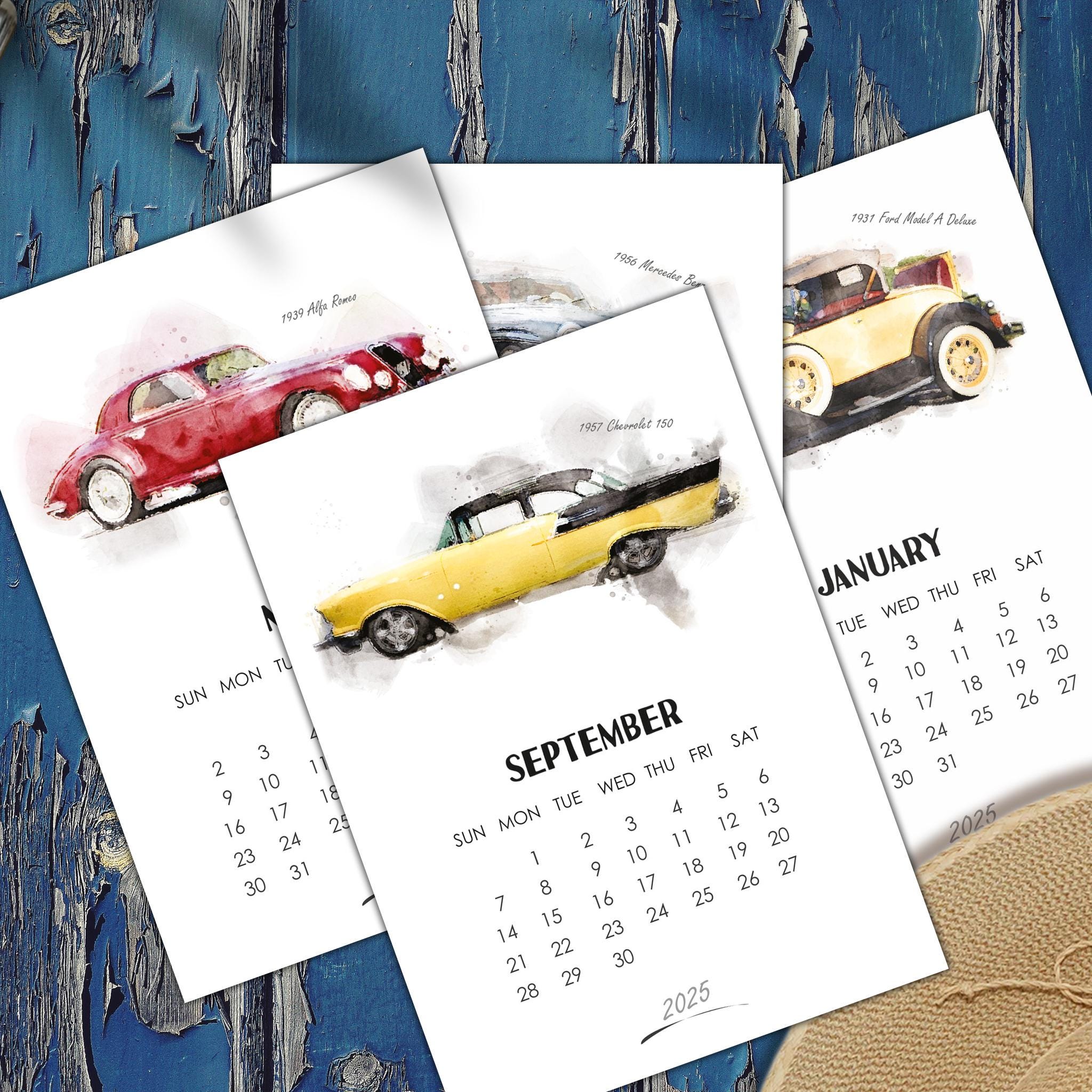 Vintage Old Car Printable Calendar 2025 - Retro Automotive A6 Monthly ...