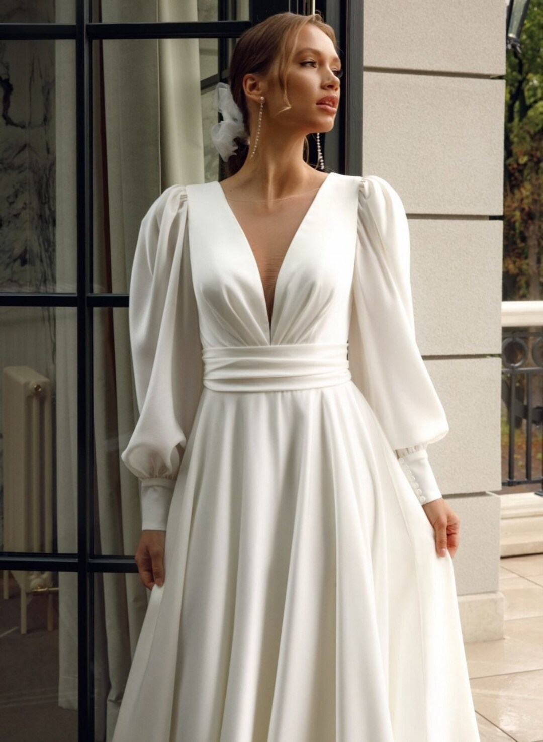 Crepe Simple Folds Waist Draped Wedding Drees , Long Sleeves, Deep ...