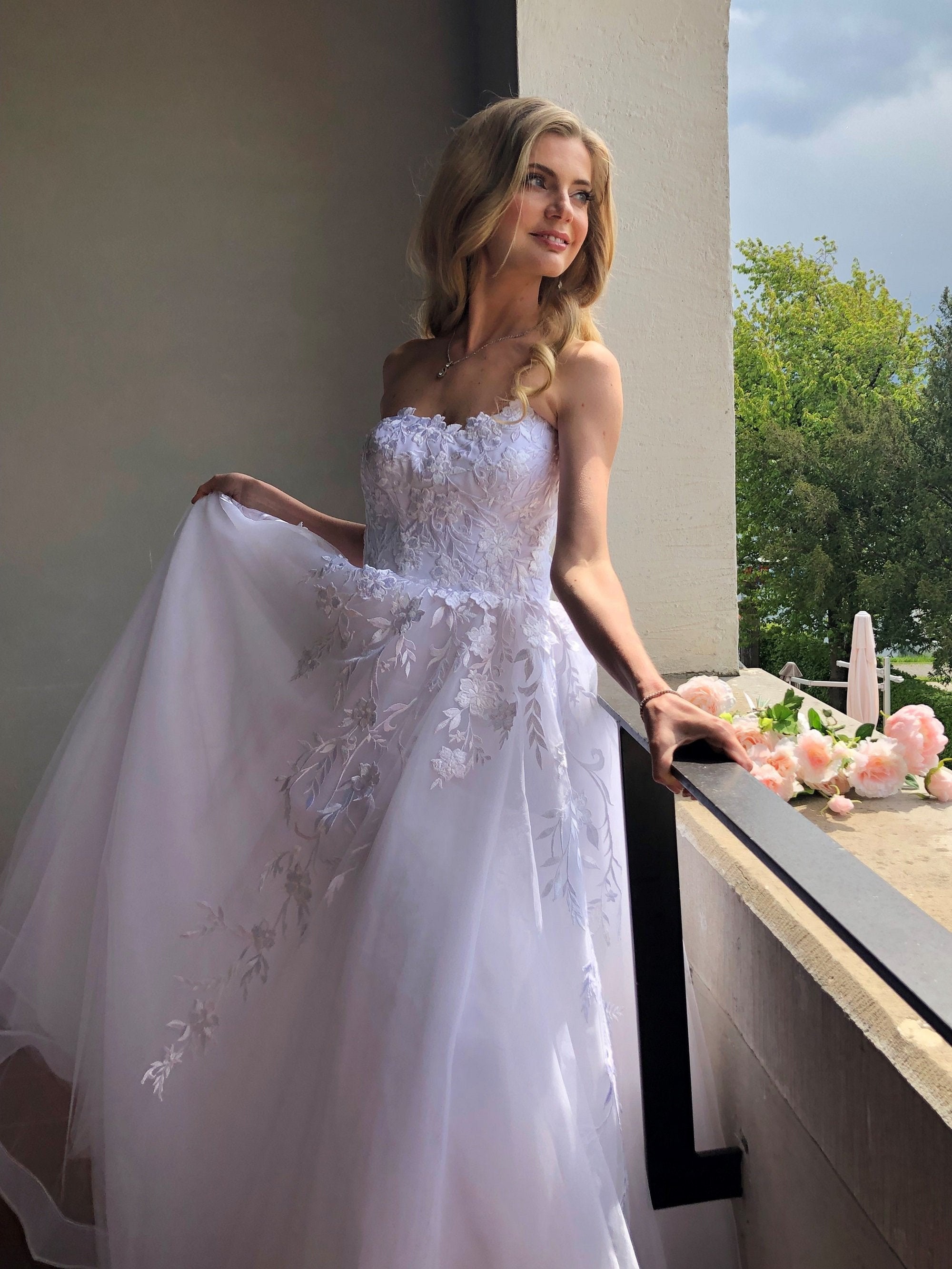 Princess Lace Wedding Dress A Line Floral Embroidery Lace | Etsy