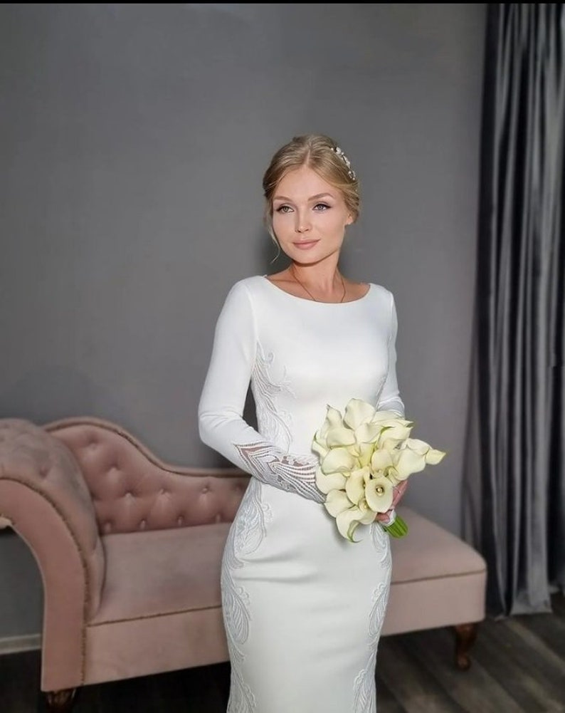Minimalist Modest Elegant Closed Embroidery Wedding Dress With - Etsy
