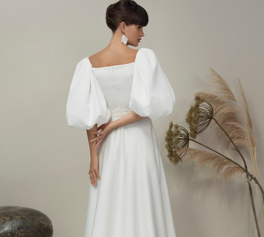 Puff Sleeve Square Neckline Atlas Modest Simple Wedding Dress - Etsy