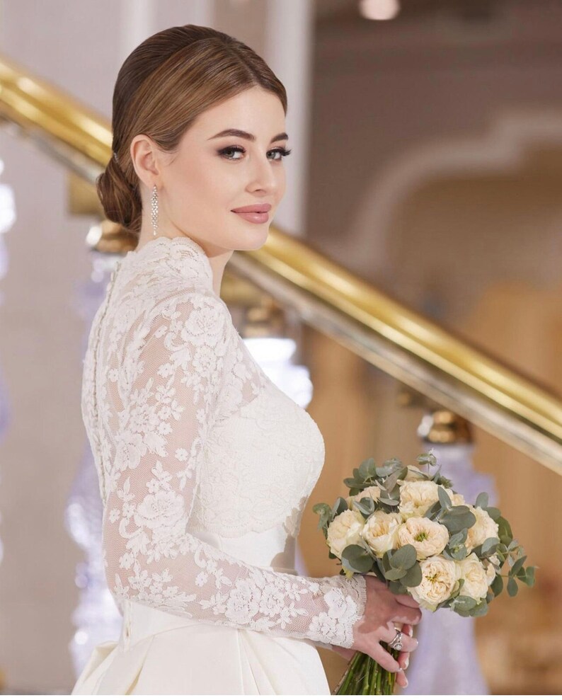 High Neckline Modest French Lace Wedding Dress Atlas Skirt - Etsy