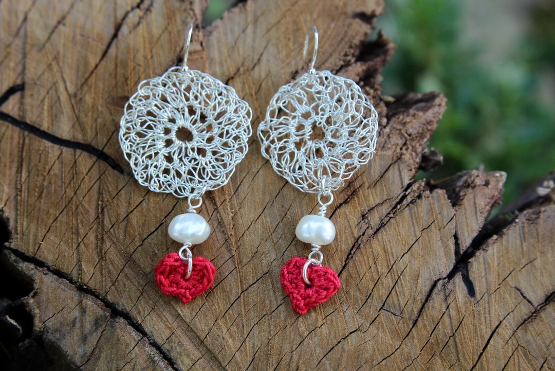 2nd Anniversary Cotton Crochet Heart in Red on Silver Wire Crochet ...