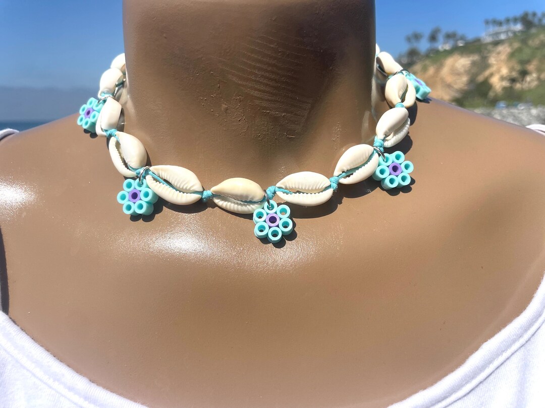 Perler Bead Necklace, Cowrie Shell Necklace, Cowrie Shell Choker ...