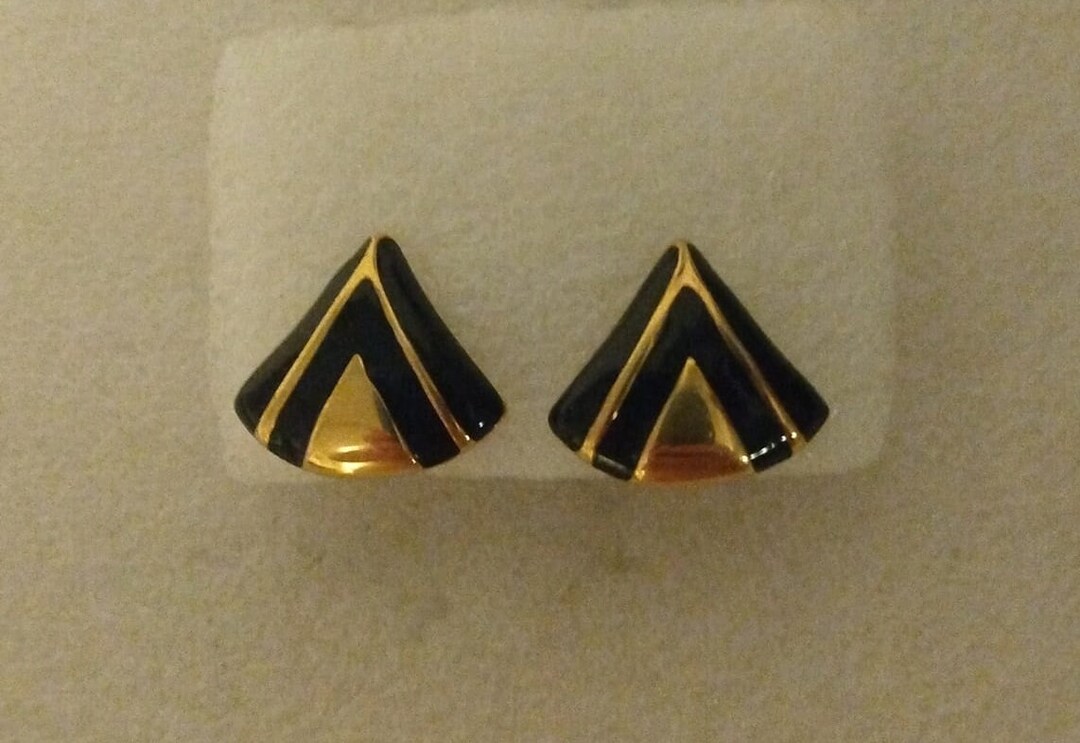 Avon 1984 classic Drama Black and Gold-tone Triangle Clip-on Earrings ...