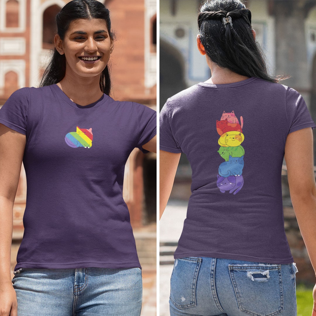 Women's Rainbow Cat Tower T-shirt | Back Print Kittens Gay Pride ...