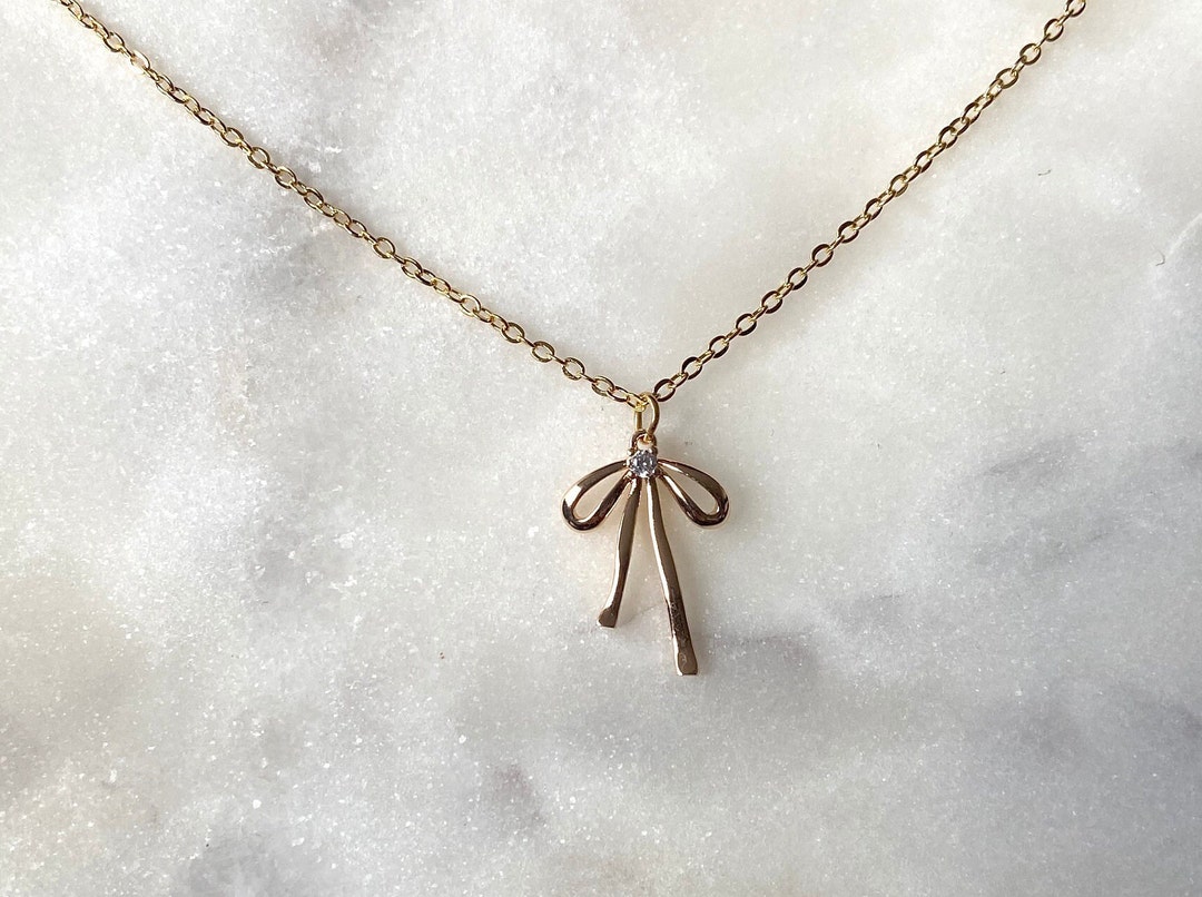 Gold Ribbon Bow Necklace, Coquette Necklace, Layering Necklace, Dainty ...