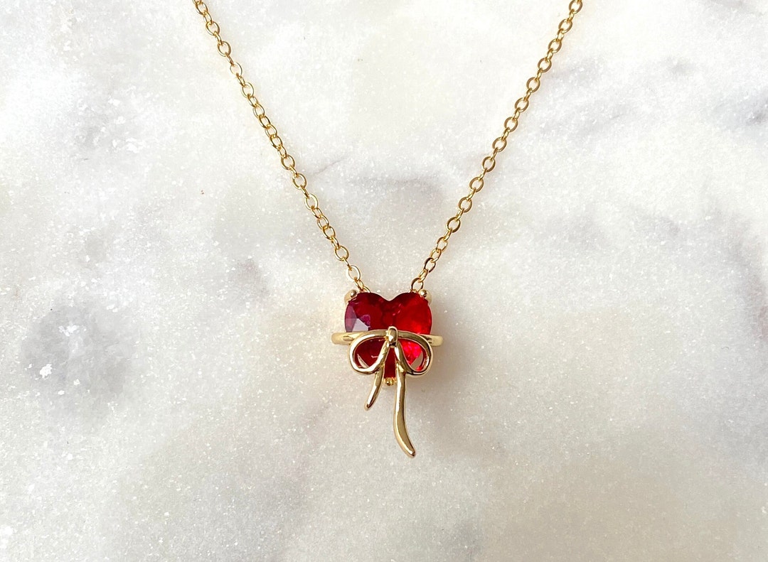 Red Heart Bow Necklace, Gold Coquette Necklace, Layering Necklace ...