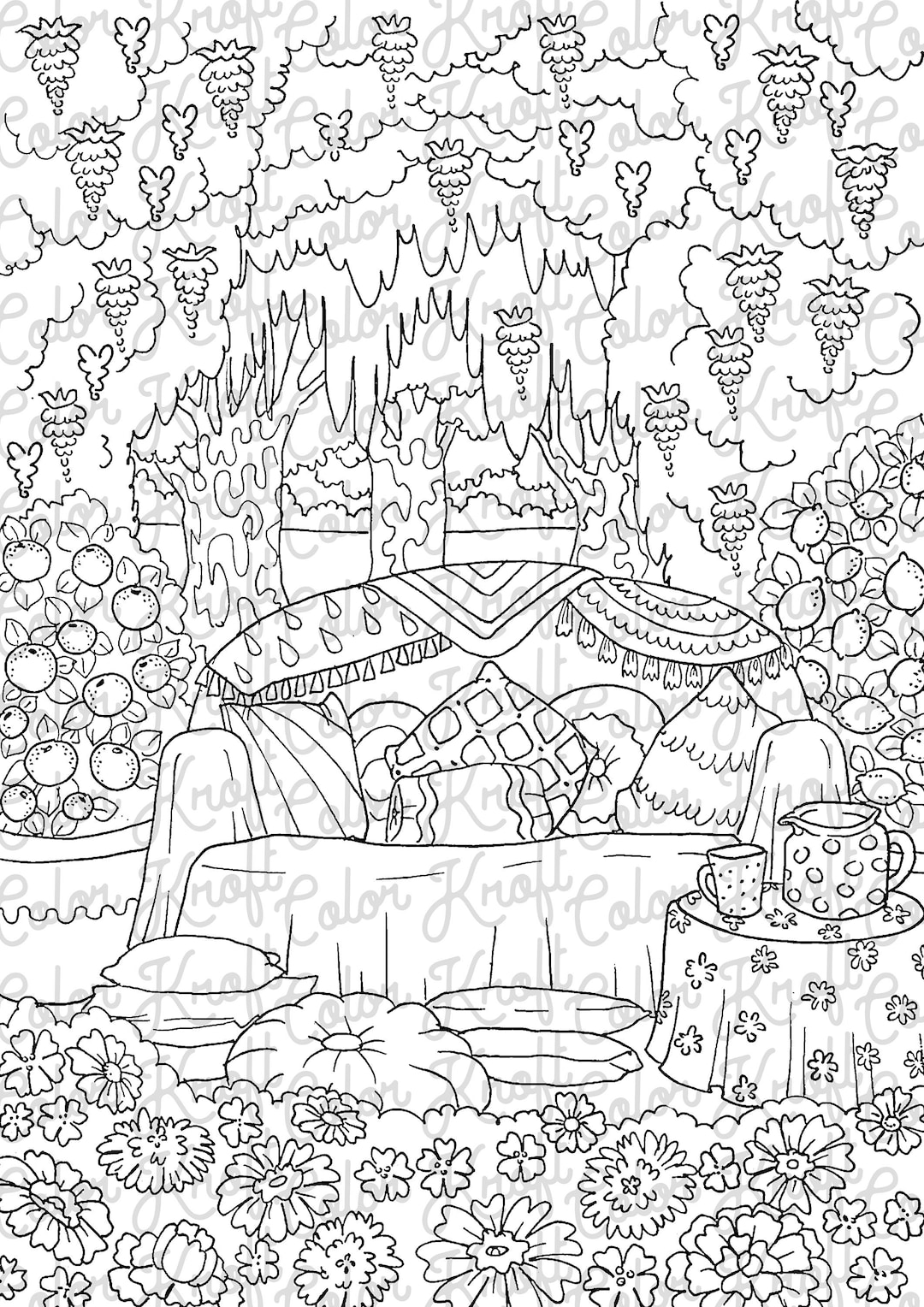 Country Garden Backyard Lounge // Coloring Page Printable // Digital ...