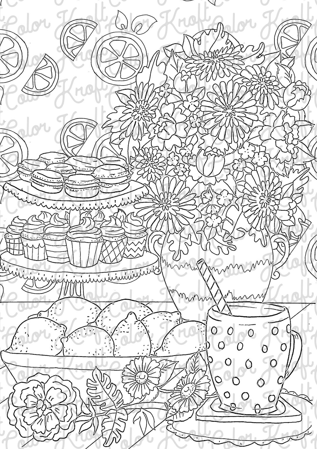 Country Tea Party Coloring Page Printable Digital Download