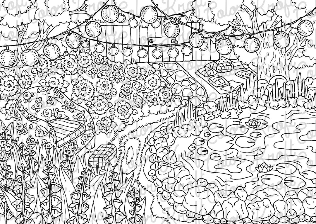 Backyard Paradise and Pond // Coloring Page Printable // Digital ...