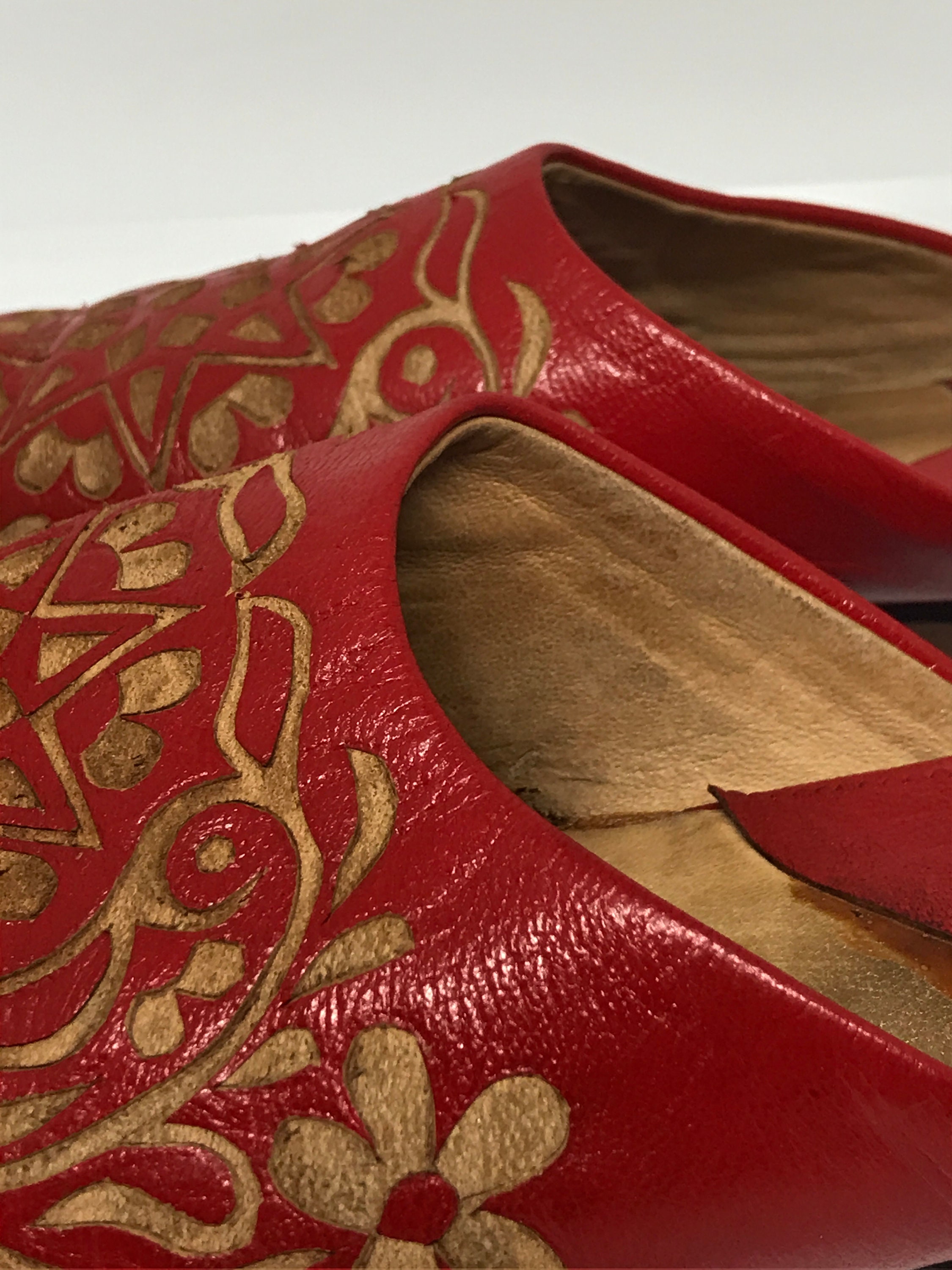 Red Vintage 80s Mules, Leather Shoes, Point Square Toe, Floral Cut Off ...