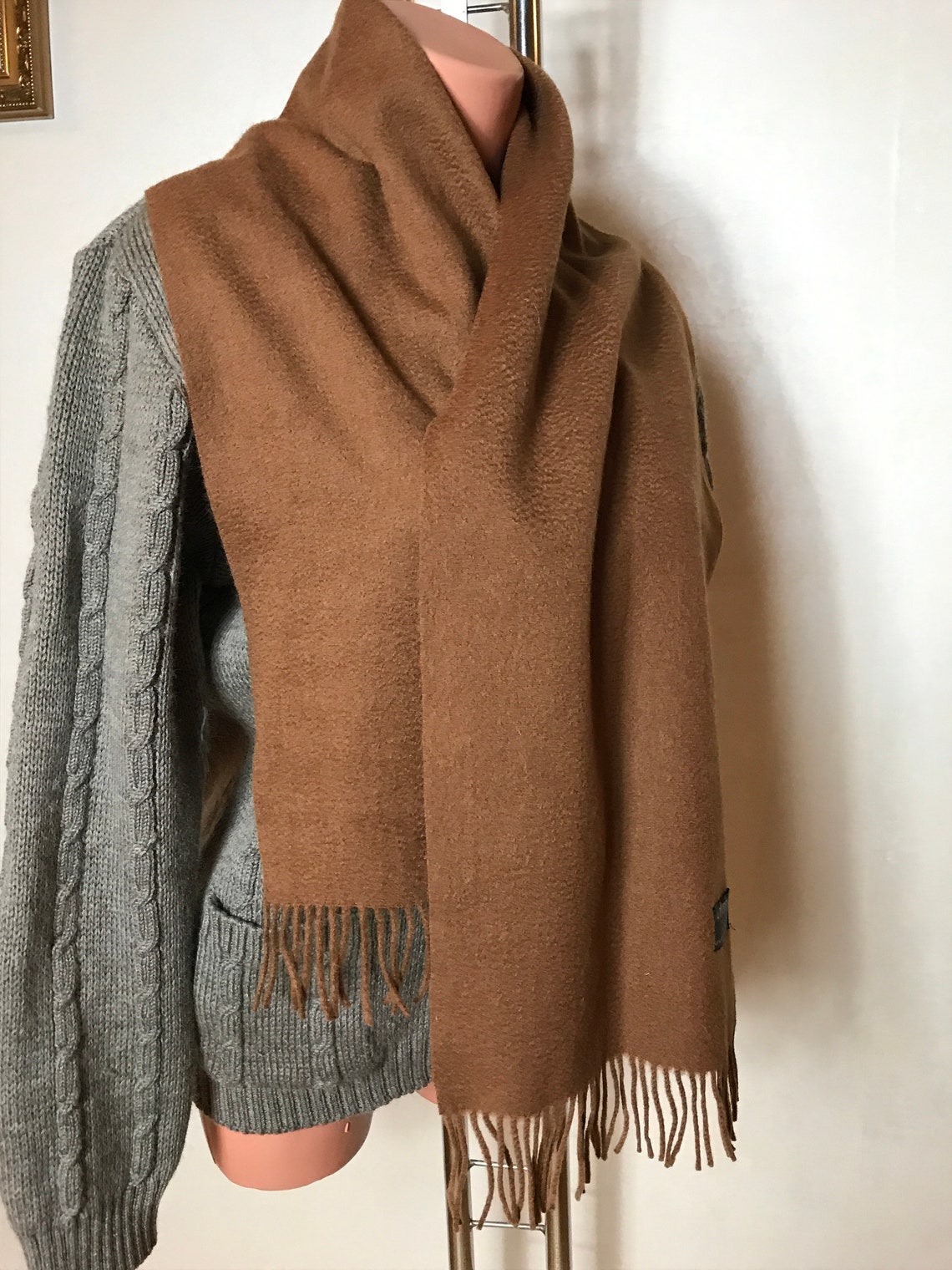 ヴィンテージ 90 年代ユニセックス スカーフ、ブラウン カシミア生地、フリンジ付きロング スカーフ、秋のスカーフ、柔らかく快適 - Etsy 日本
