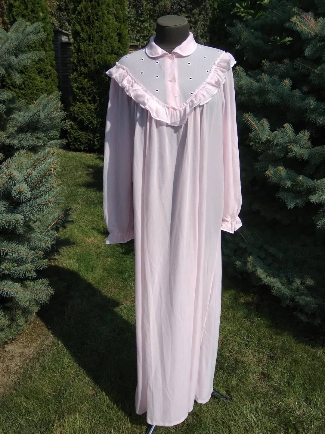 Vintage 70s Sleep Dress, Baby Pink Pajamas, Long Sleeves, Long A-line ...