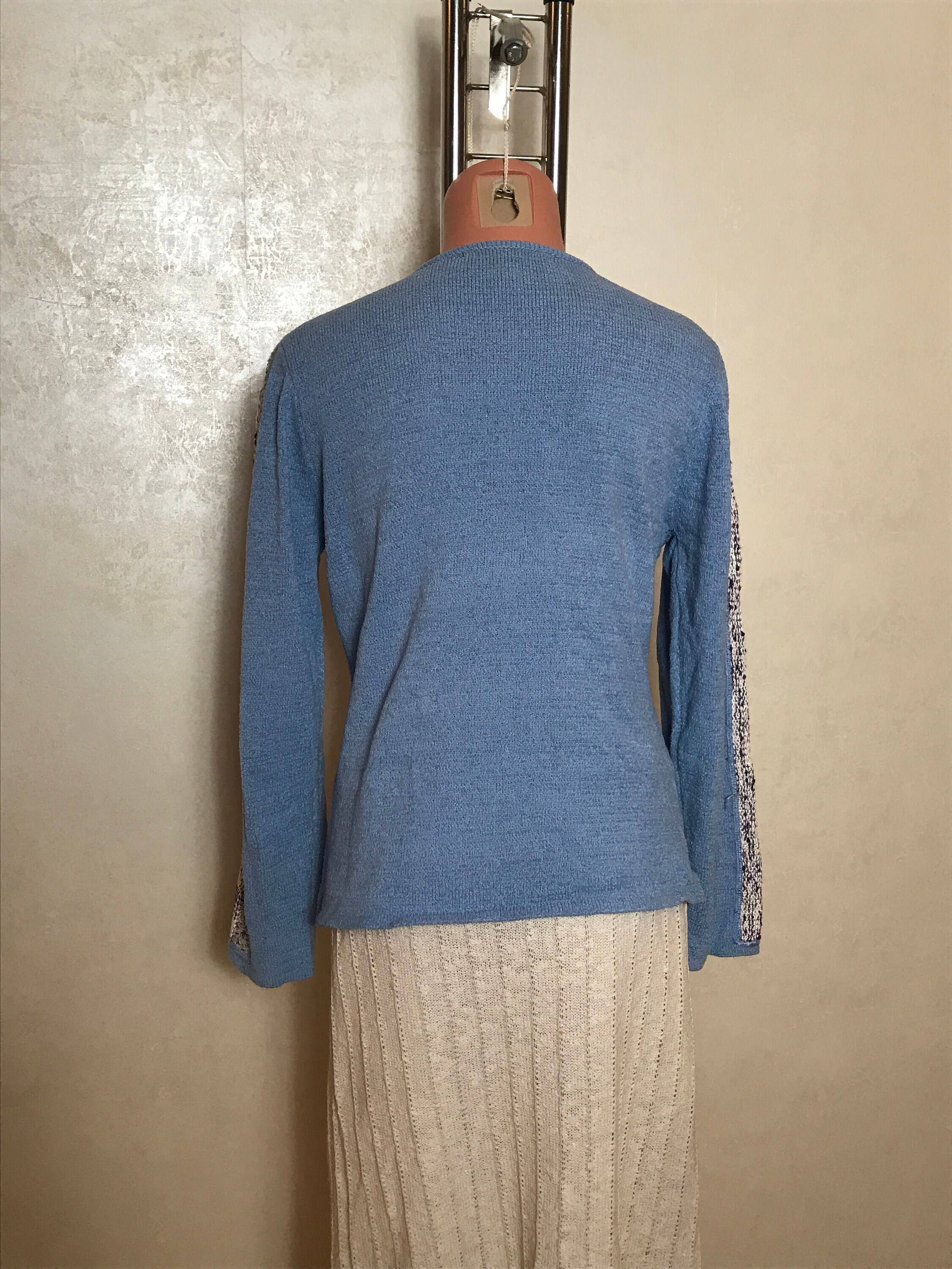 Blue Knitted Womans Sweater With Button up Front, Pinkblue-white Front ...