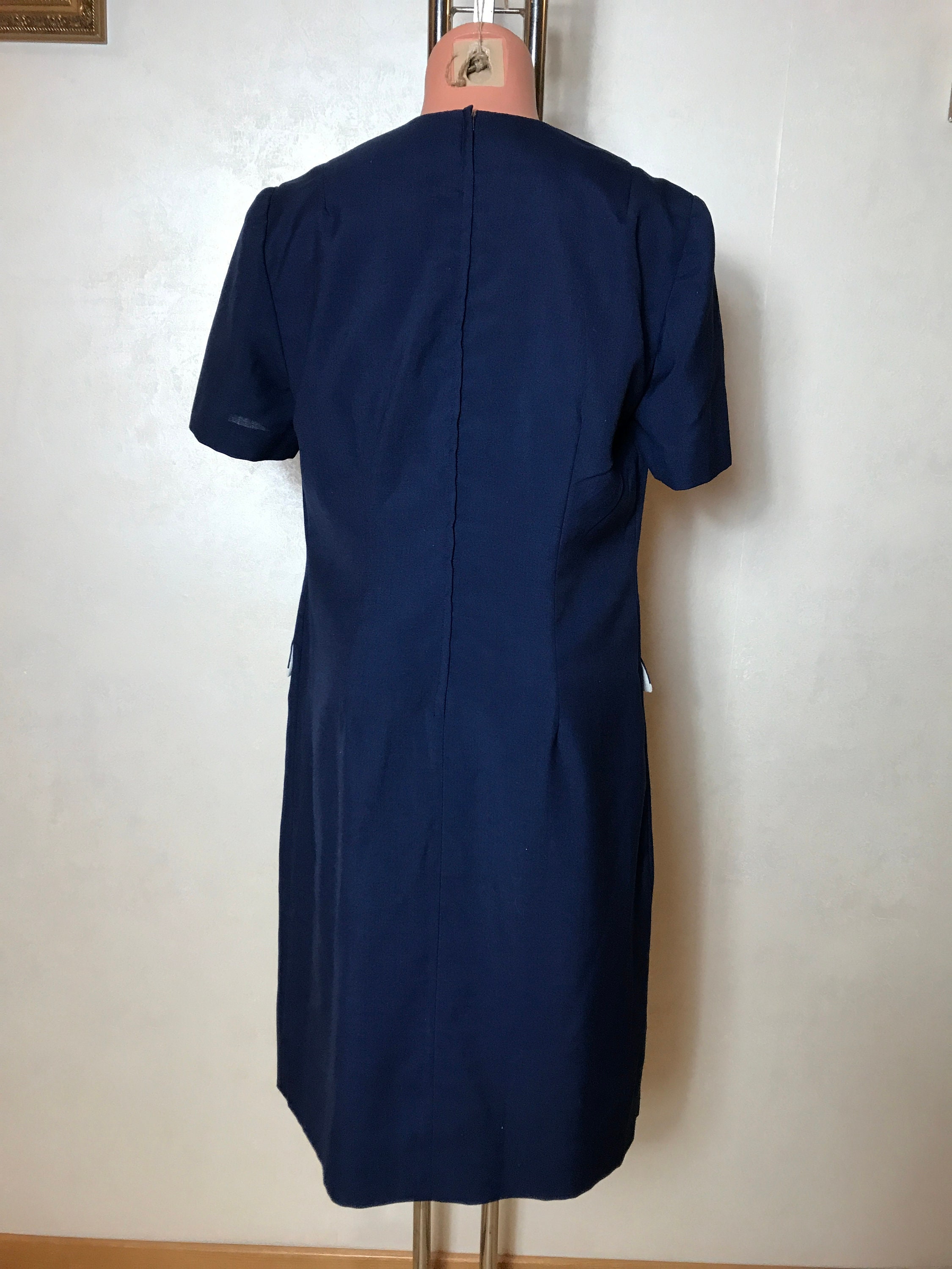 Vintage 80s Work Dress Dark Blue Fabric Short Sleeves - Etsy