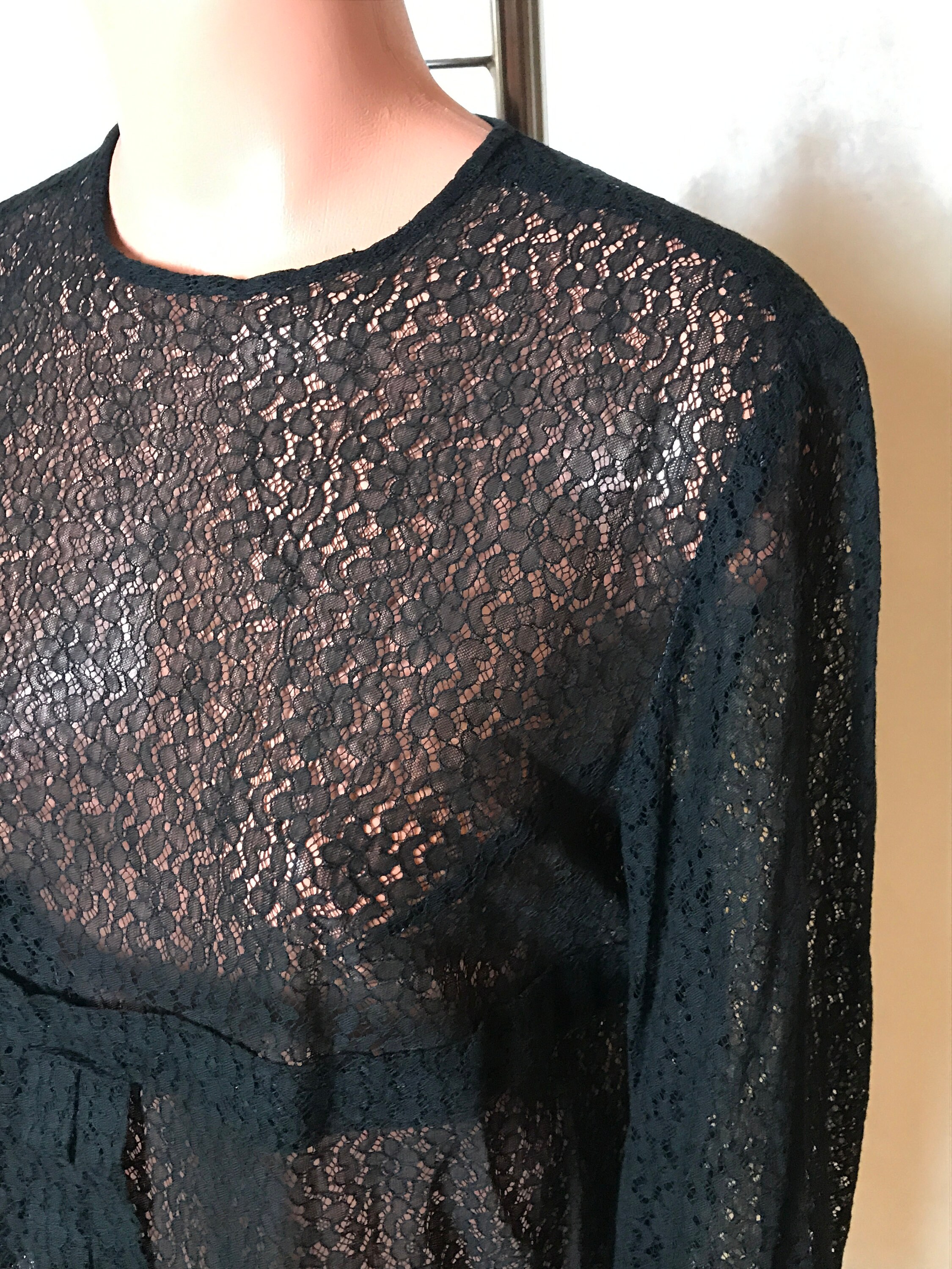 Black Vintage 60s Dress Sheer Lace Cotton Fabric Empire - Etsy