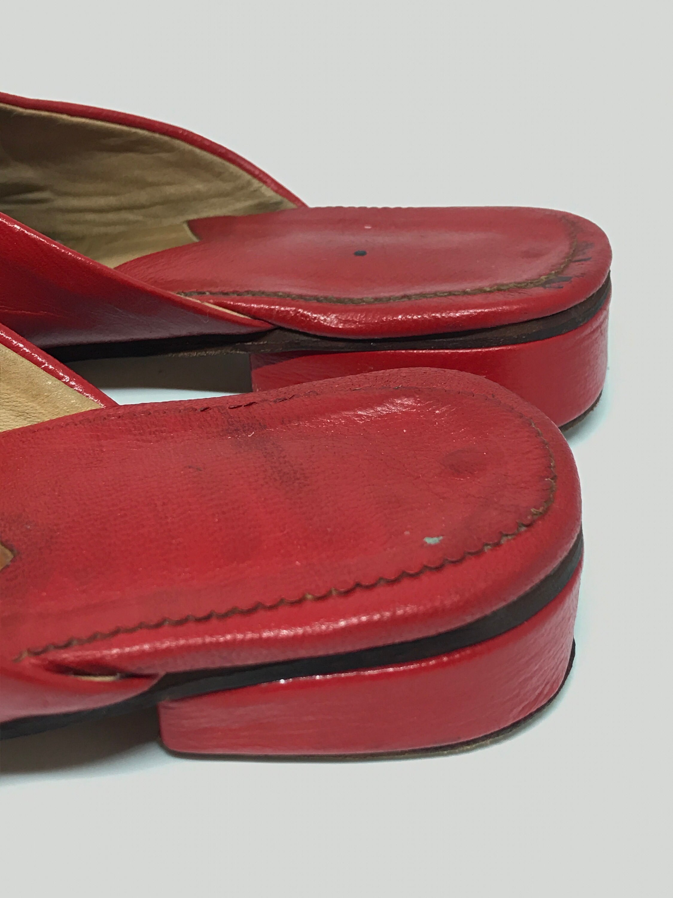 Red Vintage 80s Mules, Leather Shoes, Point Square Toe, Floral Cut Off ...
