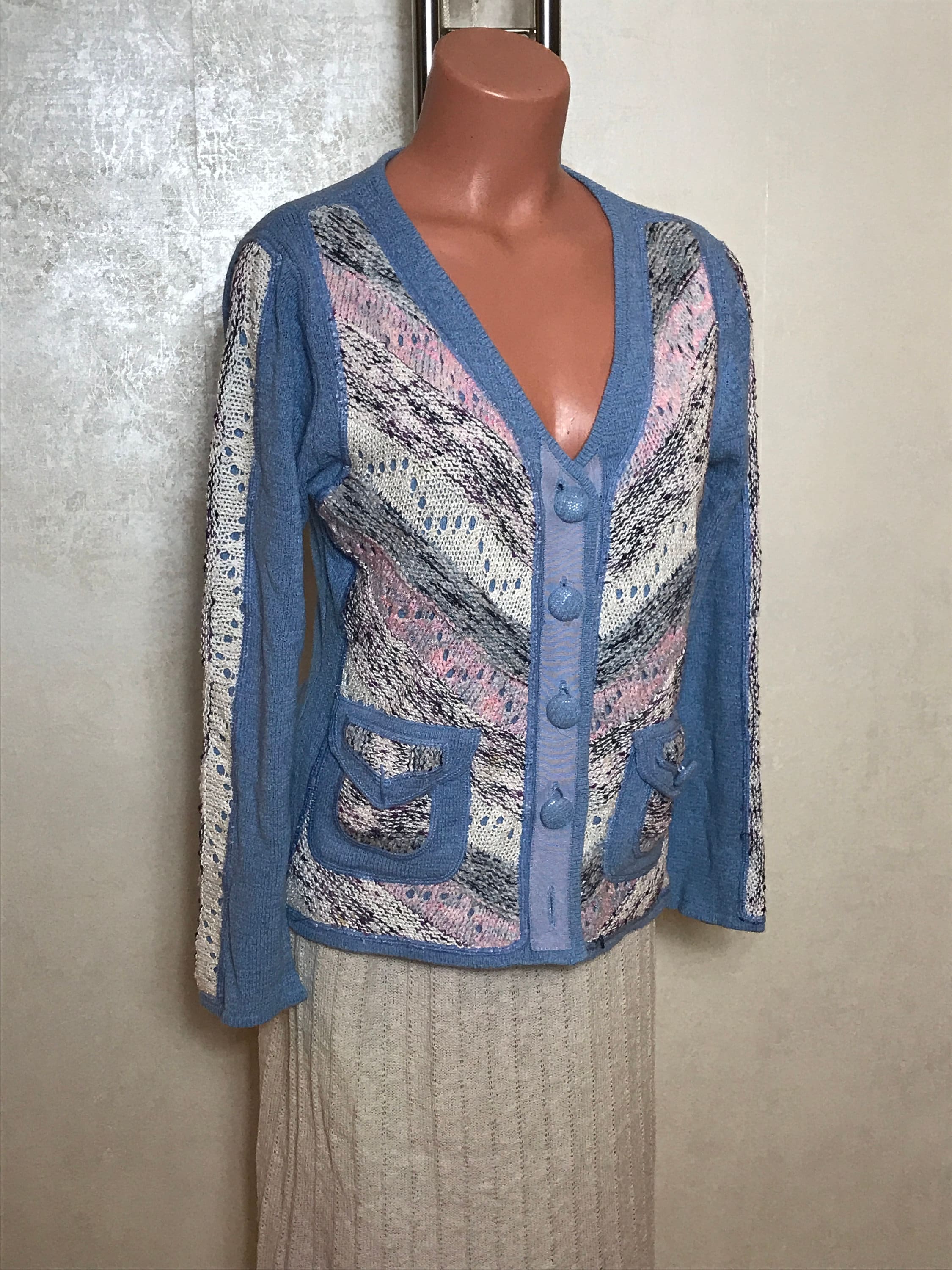 Blue Knitted Womans Sweater With Button up Front, Pinkblue-white Front ...