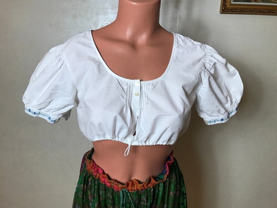 White vintage 70s dirndl top, cotton fabric, cropped … - Gem