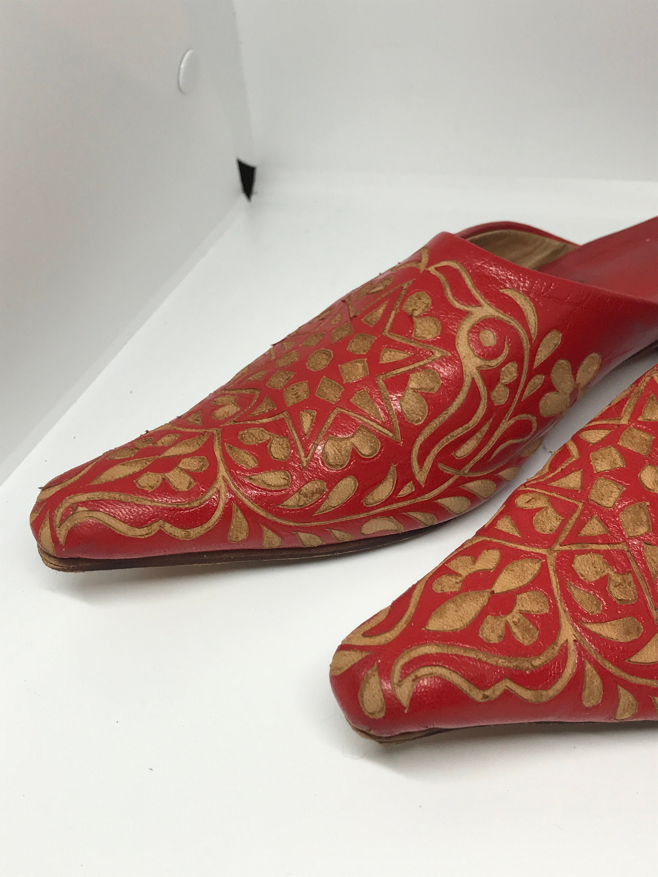 Red Vintage 80s Mules, Leather Shoes, Point Square Toe, Floral Cut Off ...