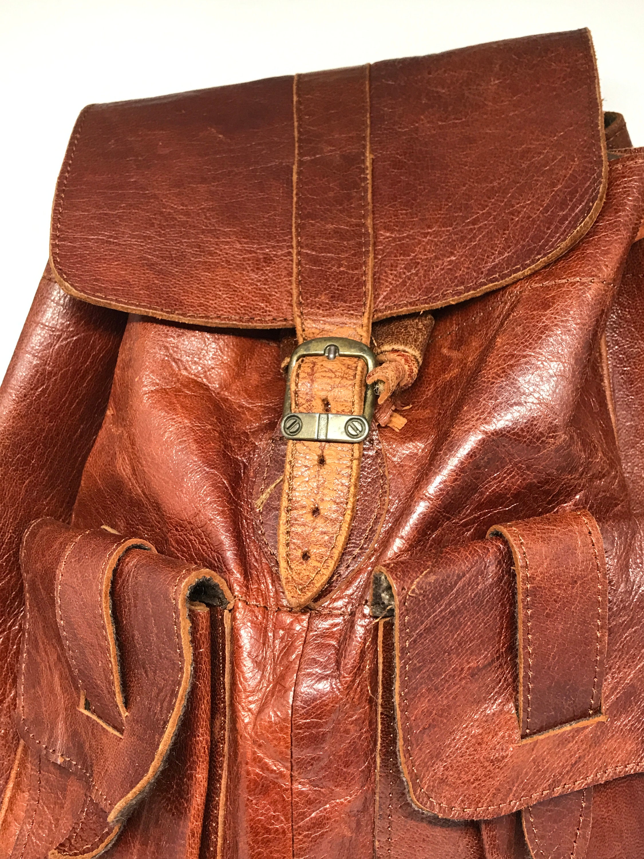 Brown Vintage 80s Backpack Natural Leather Drawstring - Etsy