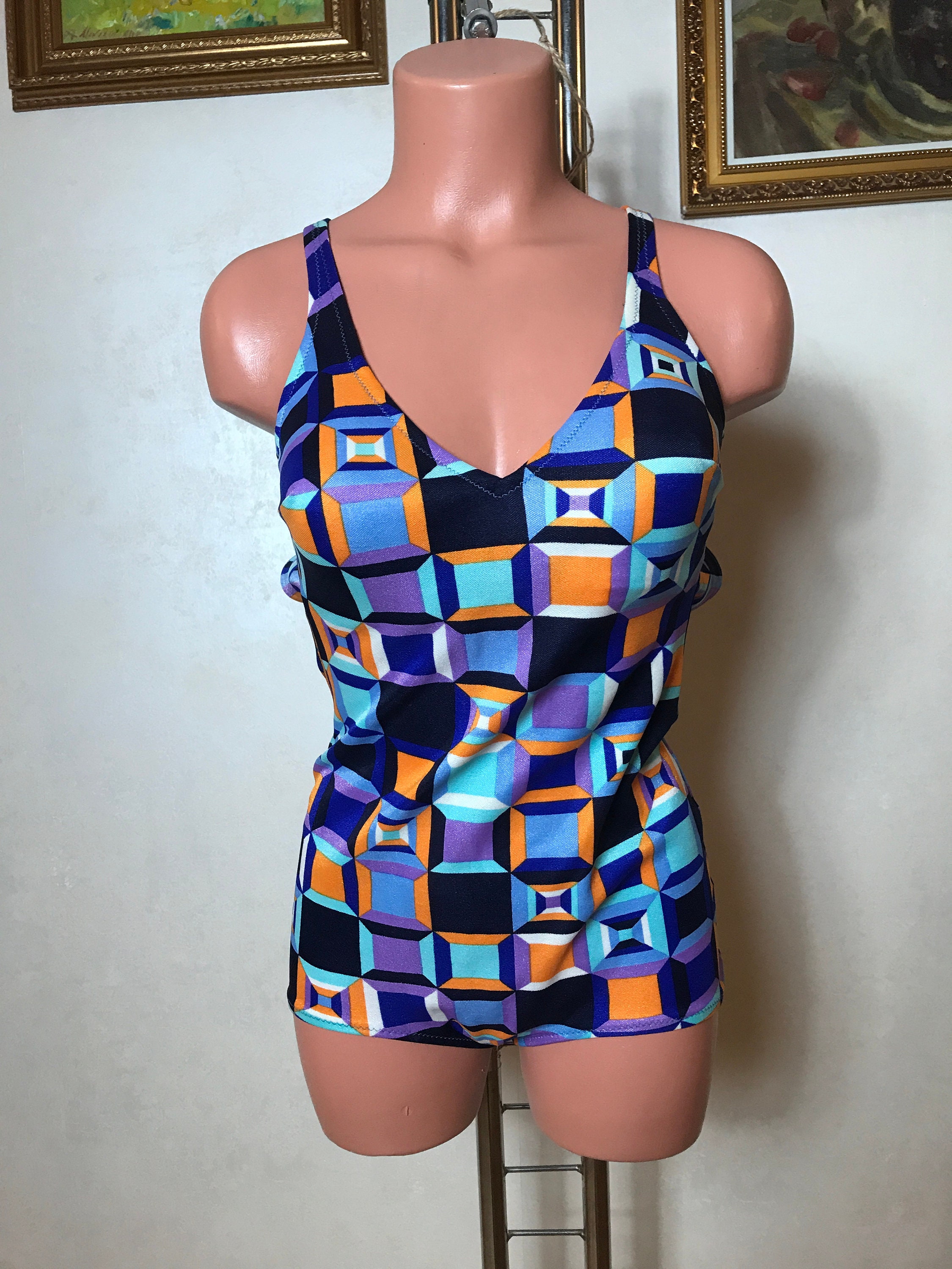 Vintage 60s Swimsuit One Piece Geometric Print Tank - Etsy