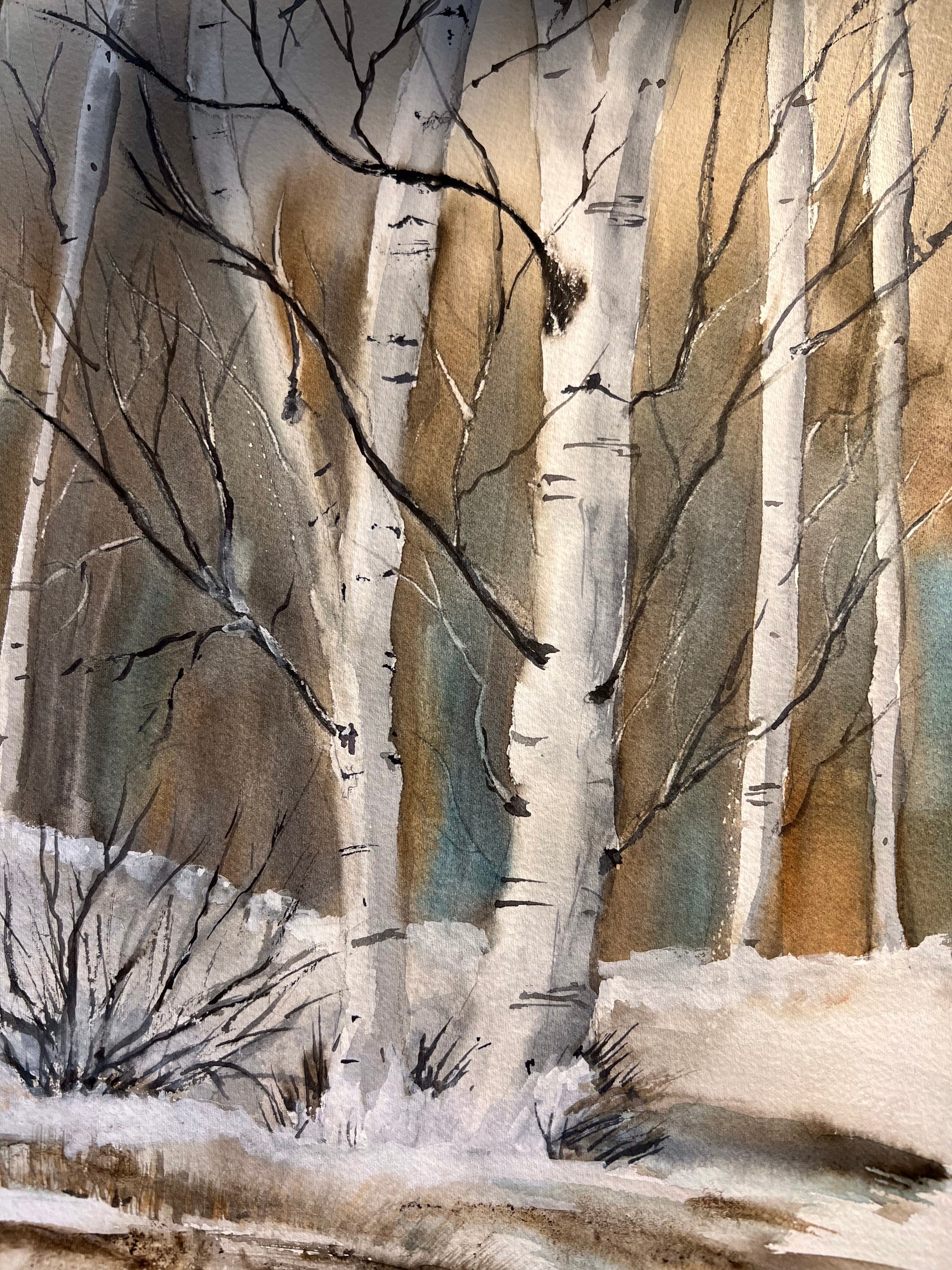 Birch Trees in Snow - Original Signed Watercolor Painting by Donna Cary ...