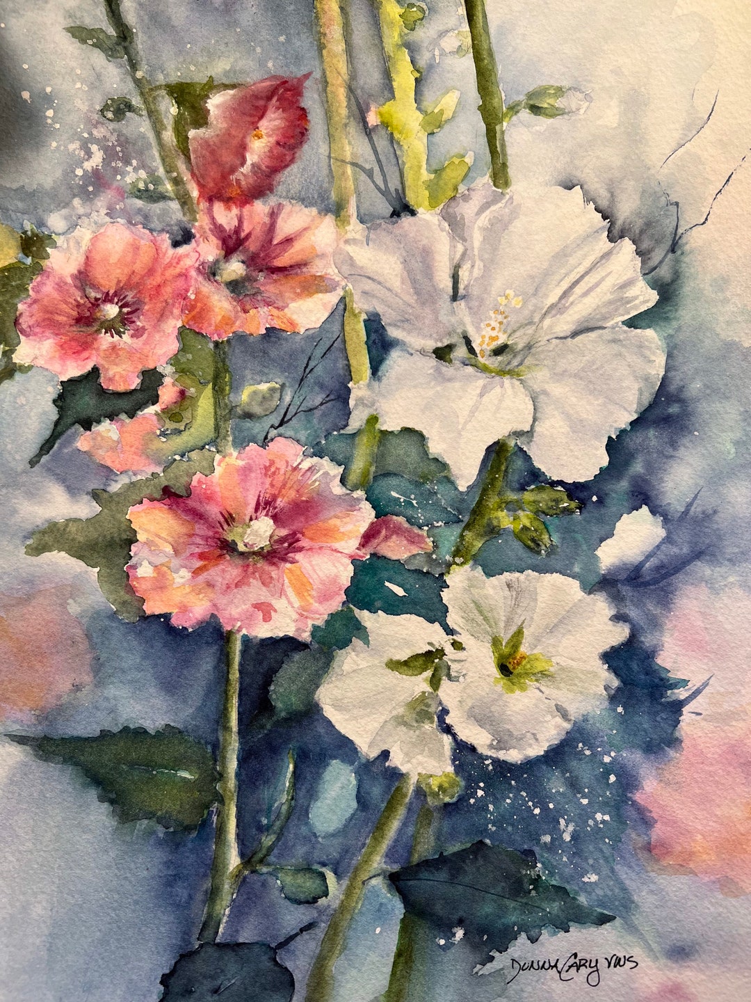 Hollyhock Country Garden -ORIGINAL SIGNED WATERCOLOR by Donna Cary, New ...