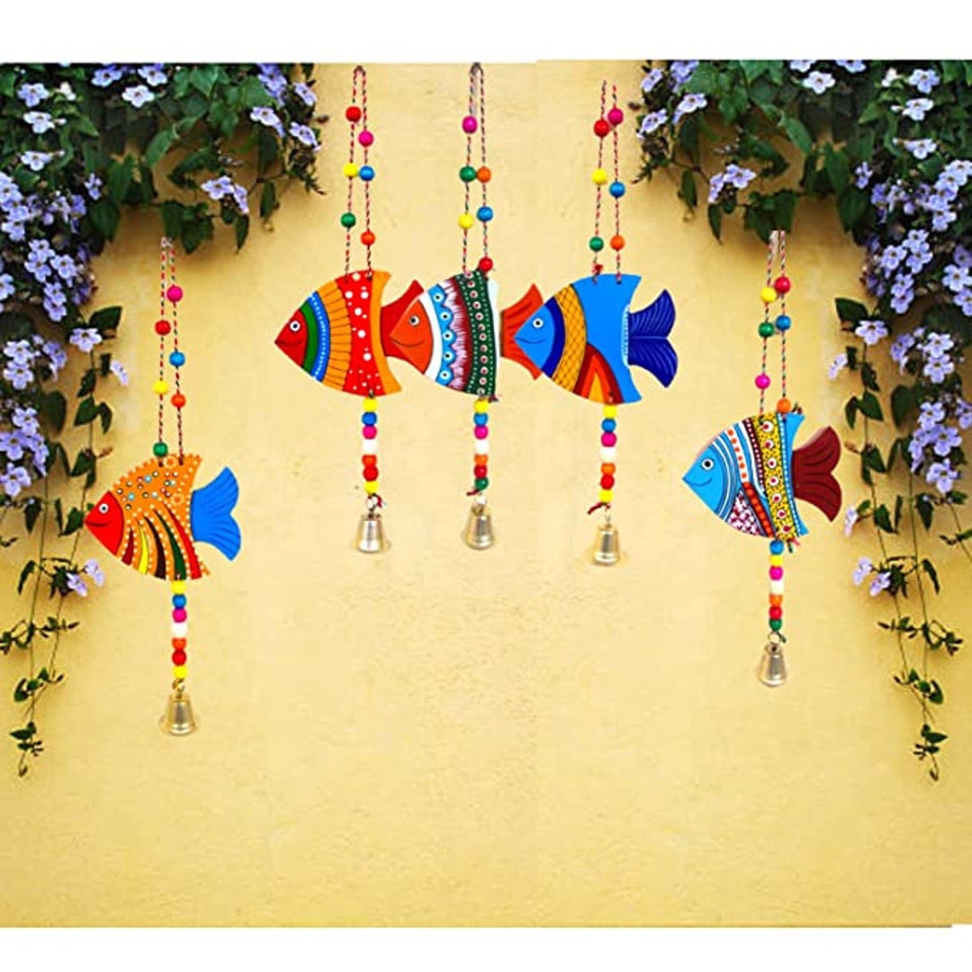 5 Pcs Handmade Hand Emboss Painted Hanging Fish for Garden Balcony Home ...