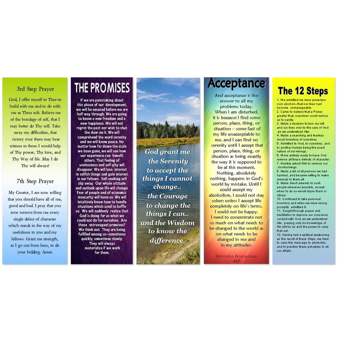 12 Step AA Bookmarks 2x6- Set of 5 Laminated 3rd Step and Serenity ...