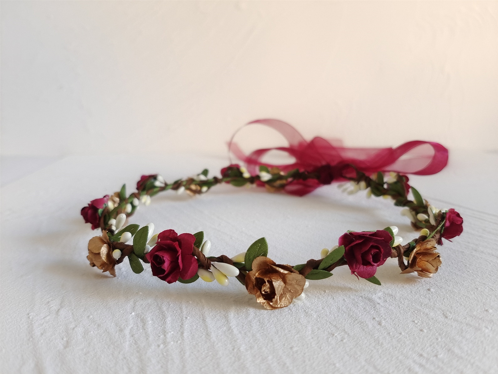 Burgundy & Gold Flower Crown Flower girl headband Bridesmaid | Etsy