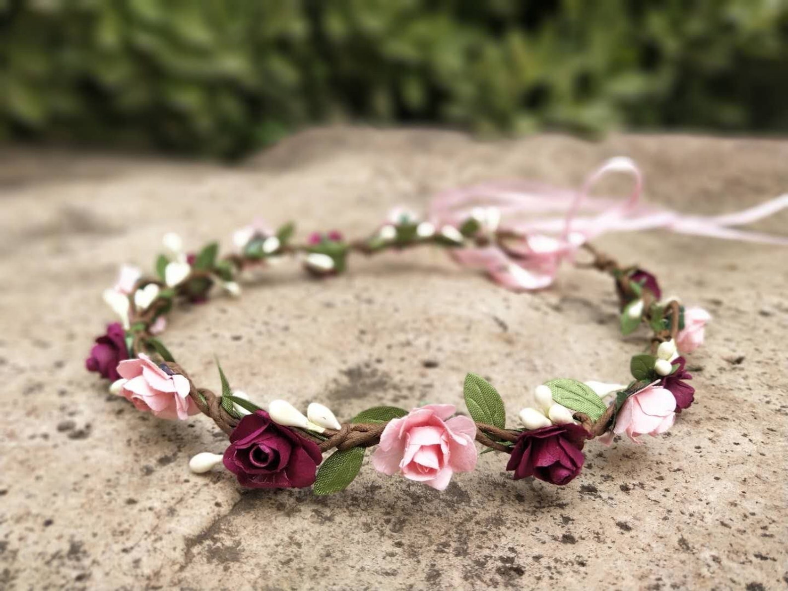 Burgundy & Blush Pink Flower Crown Flower Girl Headband Flower Girl ...