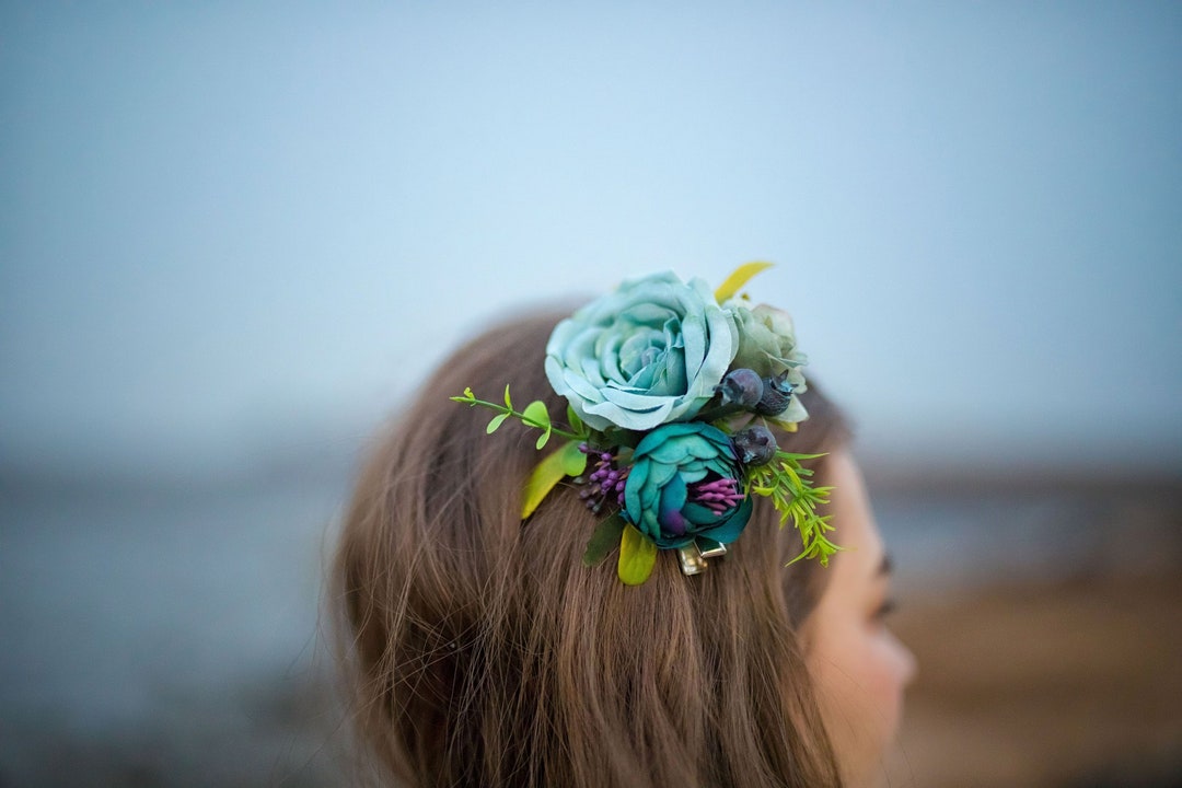 Blue Flower Hair Accessories.bridal Flower Comb.floral Headpiece.flower ...