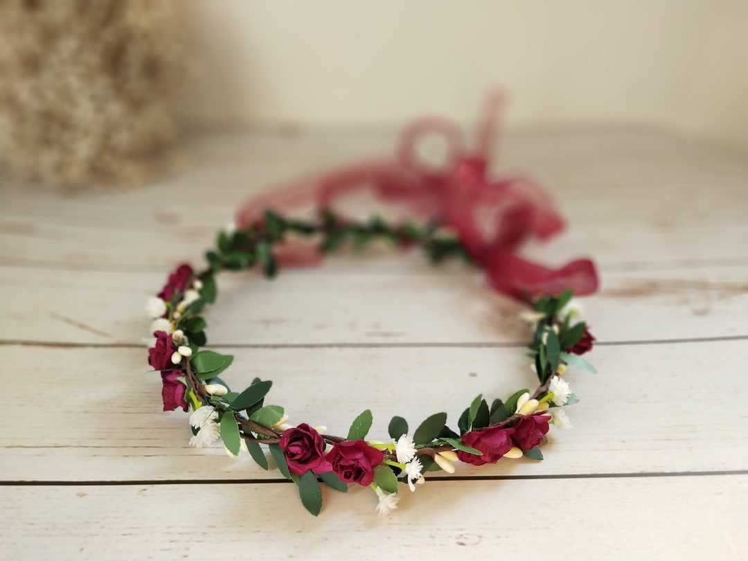 Burgundy Flower Crown Child Flower Girl Headband Spring Baby's Breath ...
