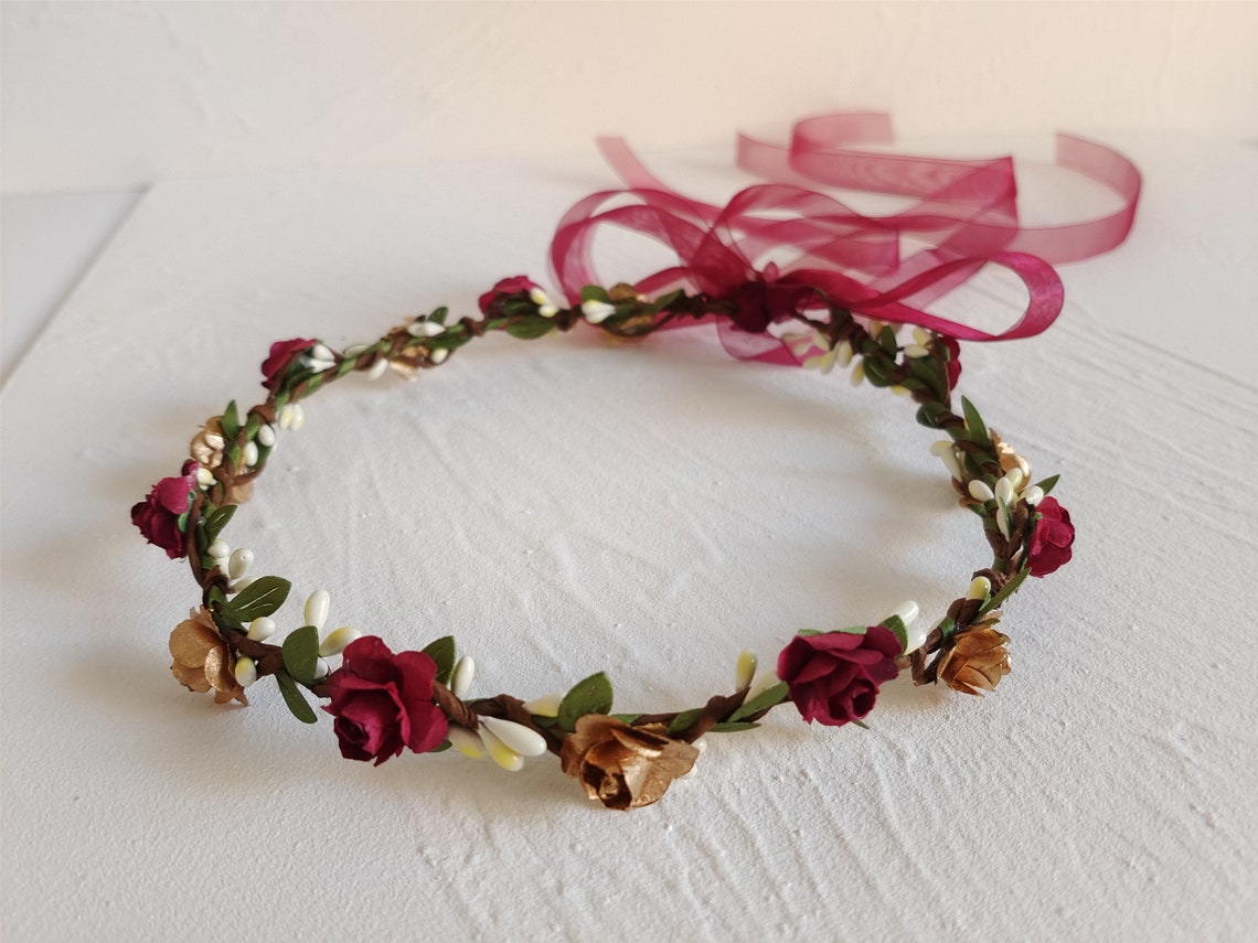 Burgundy & Gold Flower Crown Flower Girl Headband Bridesmaid - Etsy