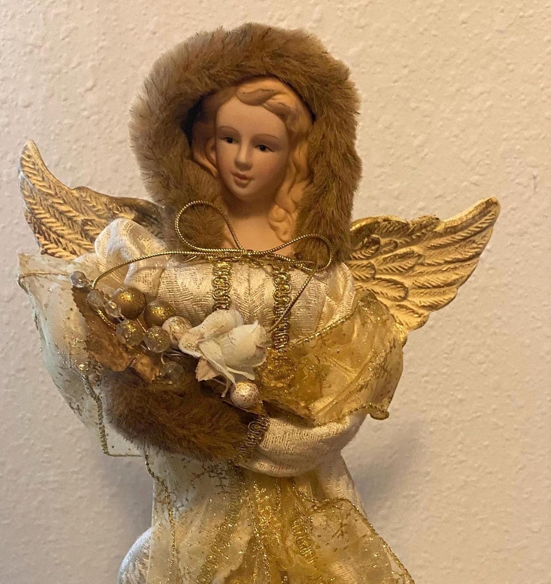 17” Golden Hooded Angel Tree Topper: Cradling Bouquet, Wearing Faux Fur ...