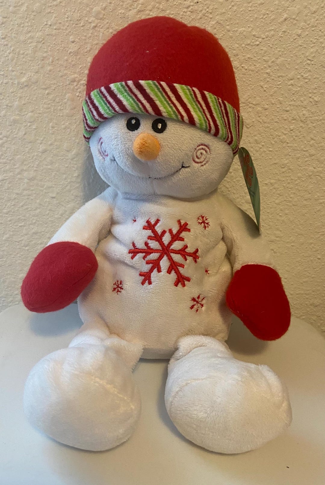 SNOWFLAKE SNOWMAN PLUSHIE, White Snowman Stuffed Toy, Embroidered Red ...