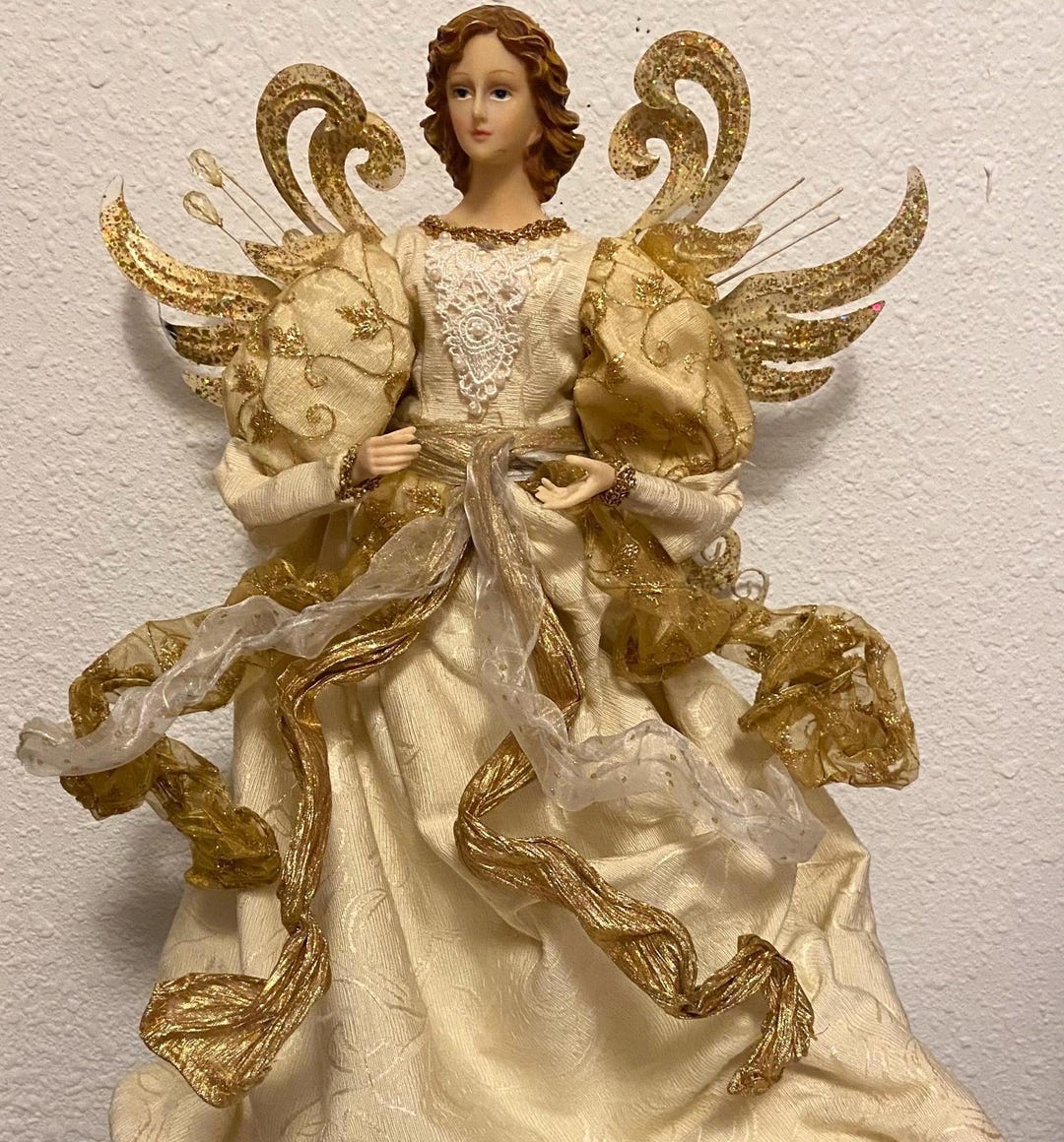 18 EXQUISITE GOLDEN ANGEL Tree Topper, Dressed in Ivory With Golden ...