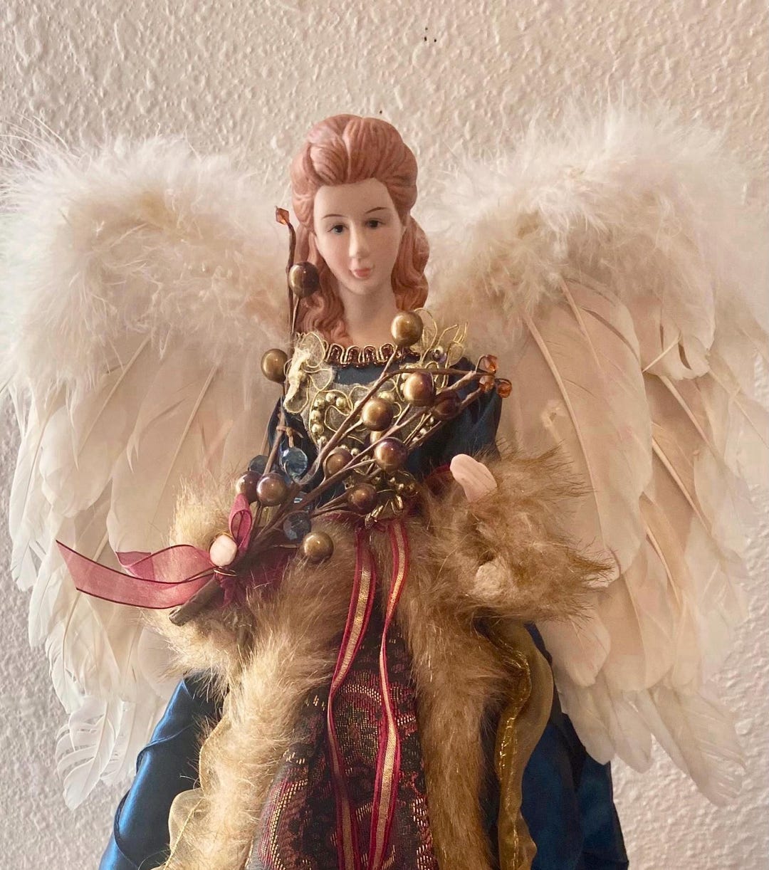 17” Regal Blue Angel Tree Topper: Auburn Hair, Real Feather Wings, Blue ...