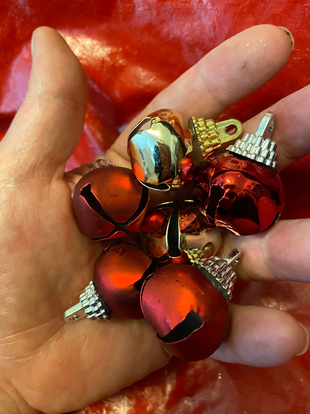 6 Pcs RED & GOLD Jingle Bells, Miniature Ornaments, Small Jinglebells ...
