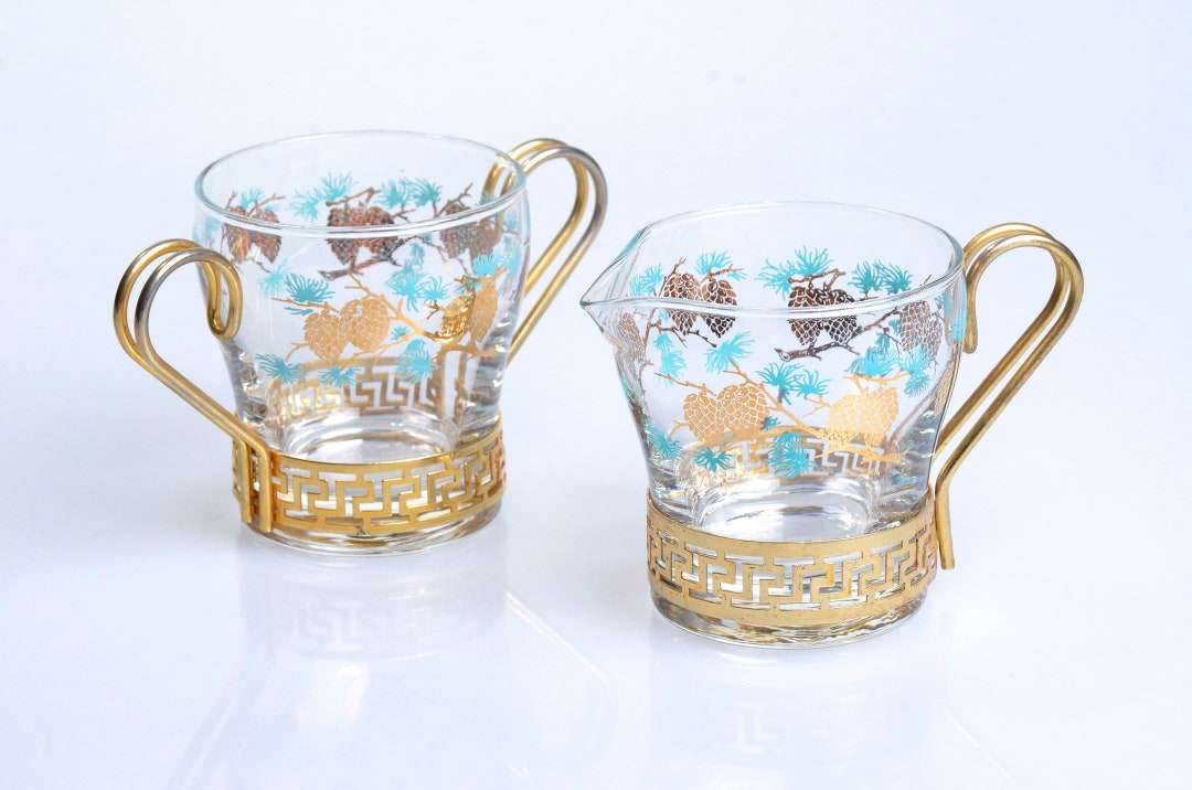 Vintage Libbey david Douglas Pinecone Turquoise Cream and Sugar Set ...